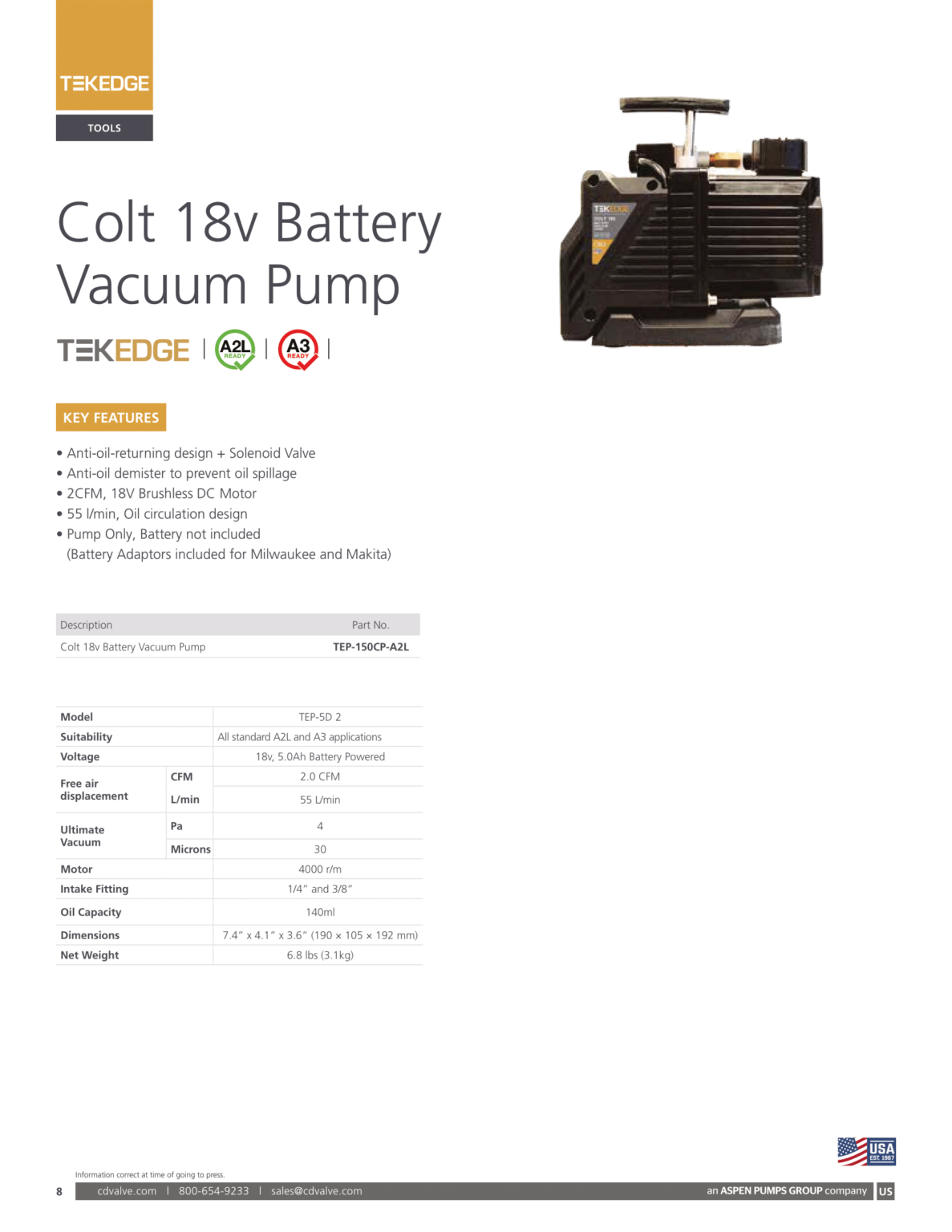 TEP-150CP-A2L Colt 18v Battery Vacuum Pump Tech Sheet – C&DValve