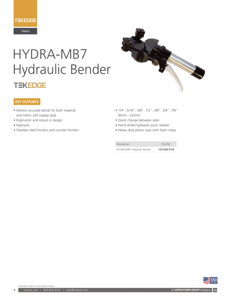 CD1394-HYB HYDRA-MB7 Hydraulic Bender Tech Sheet – C&DValve