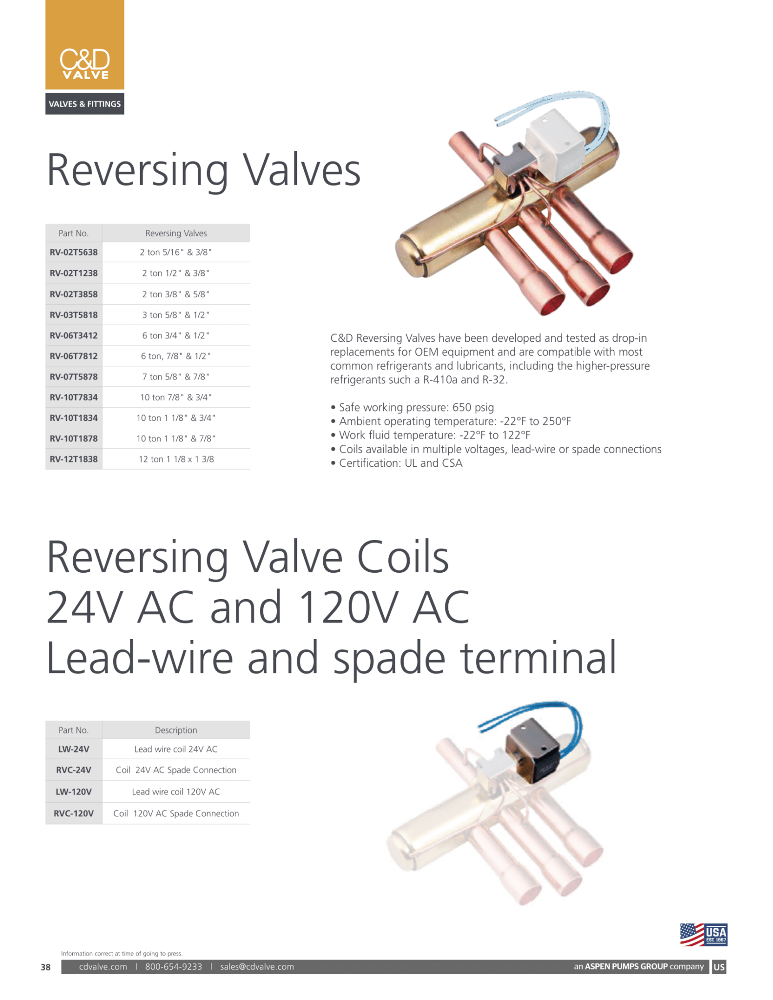 Reversing Valve Coils 24V AC and 120V AC Lead-wire and spade terminal ...
